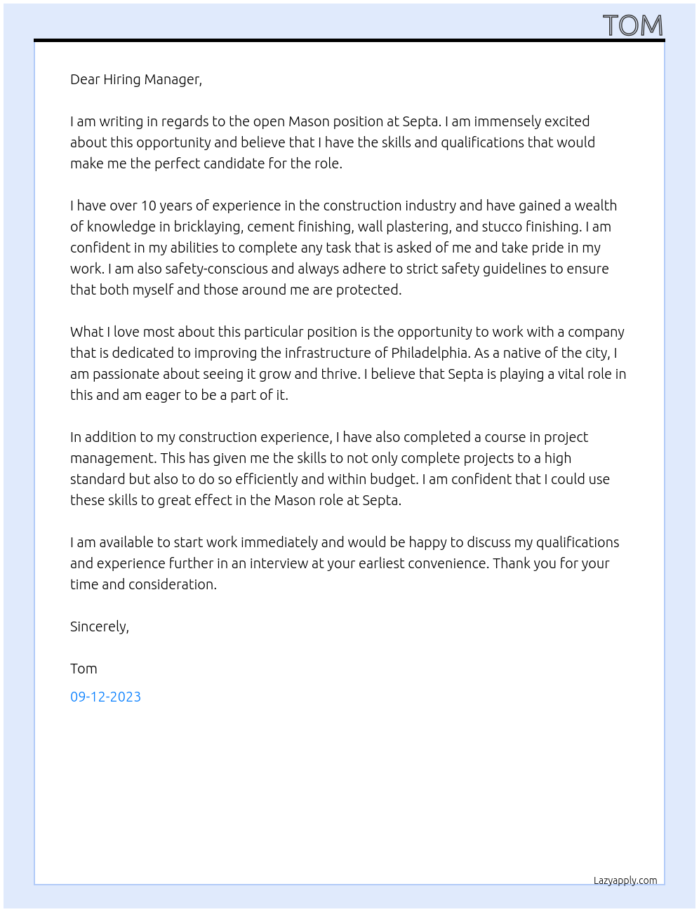 Cover letter for mason - LazyApply