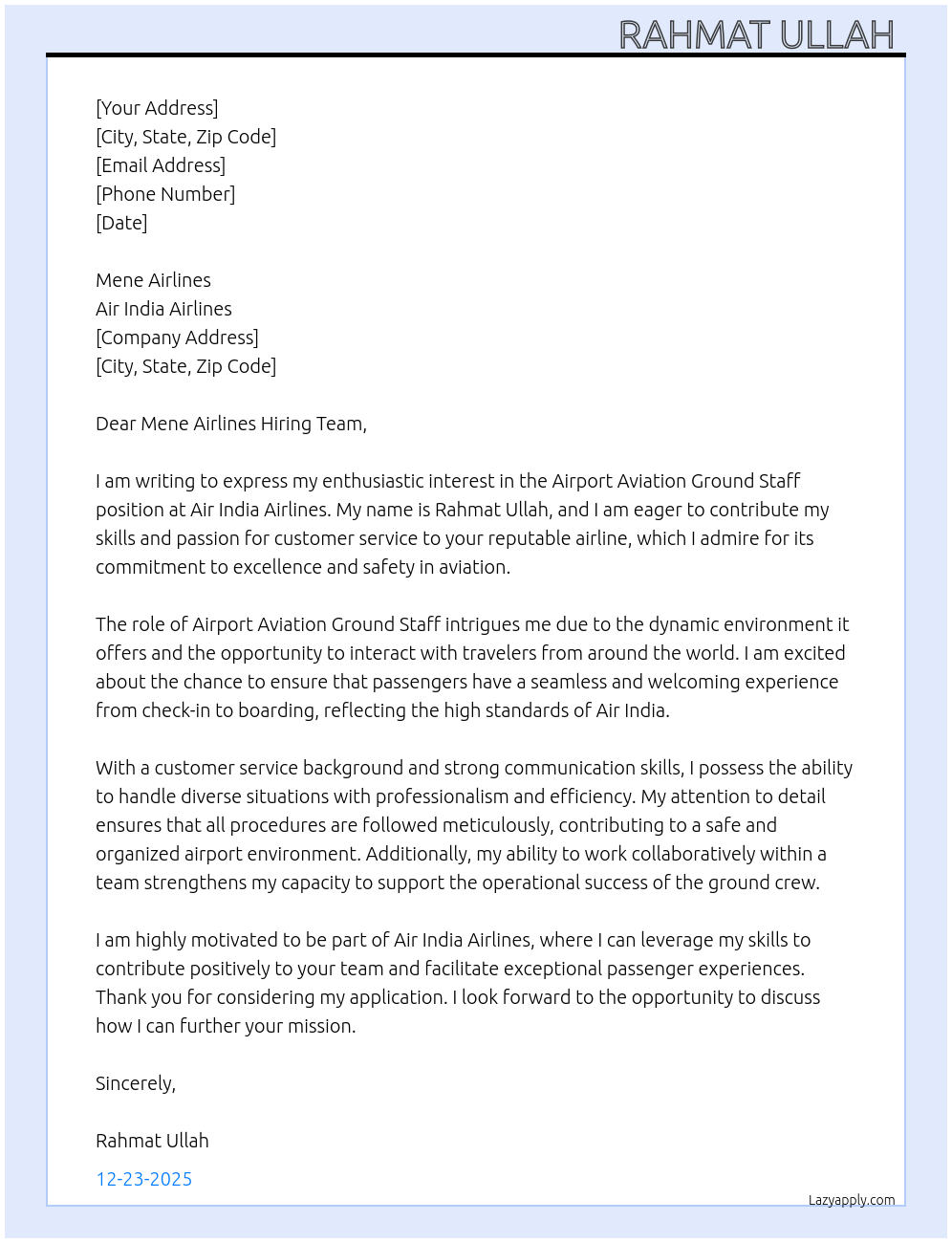 Cover letter for airport aviation ground staff - LazyApply