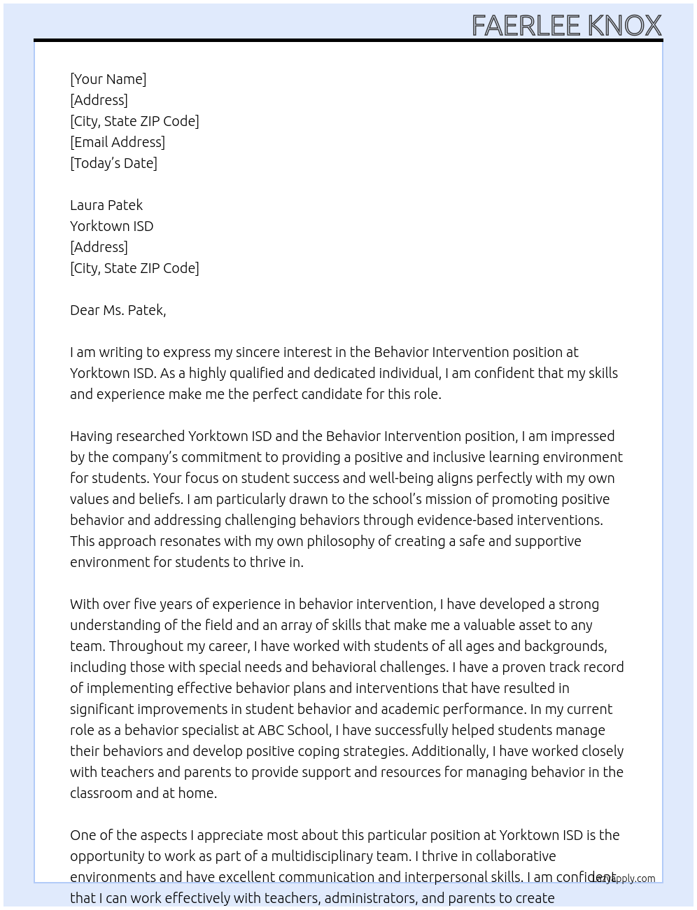 Cover letter for behavior intervention - LazyApply