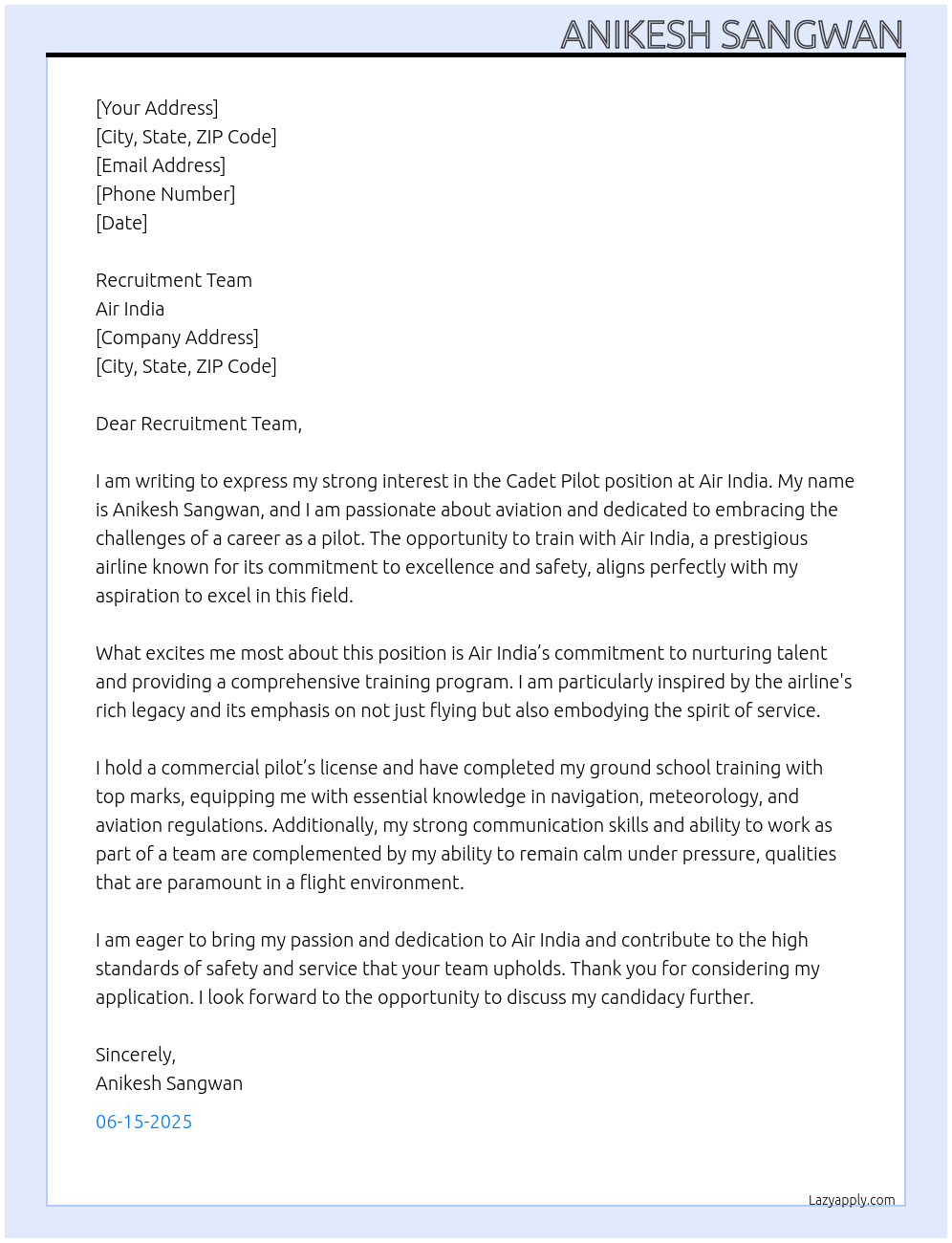 Cover letter for cadet pilot - LazyApply
