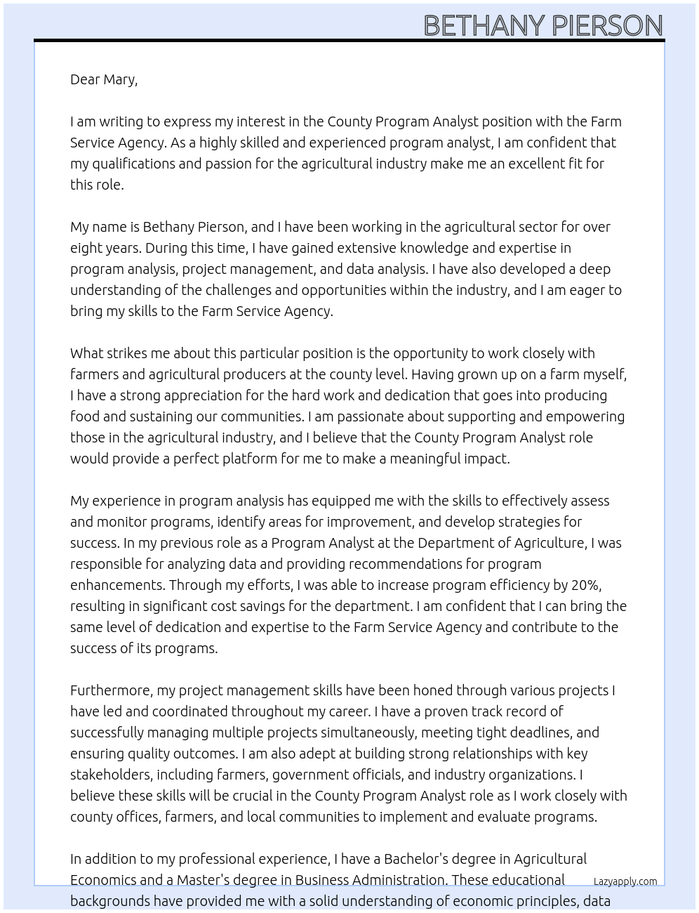Cover letter for county program analyst - LazyApply