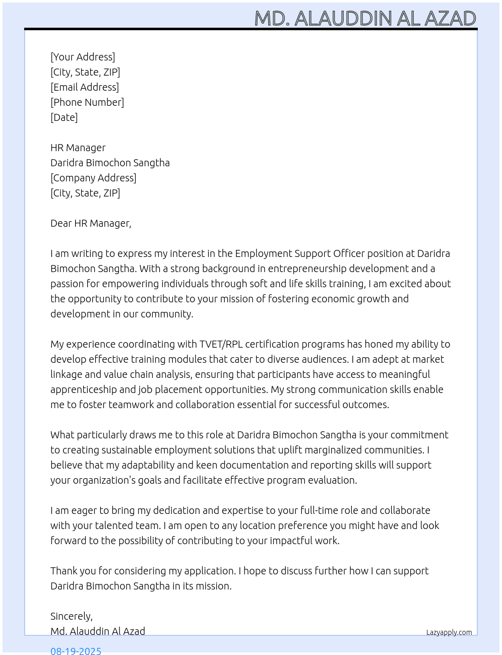 Cover letter for employment support officer - LazyApply