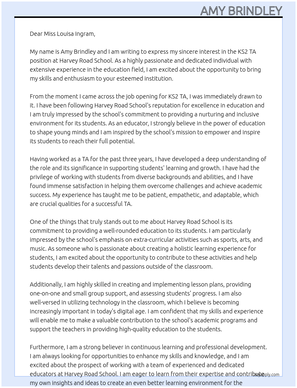 Cover letter for school ks2 ta - LazyApply