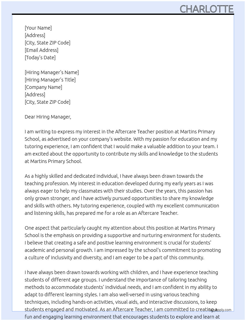 Cover letter for aftercare teacher - LazyApply