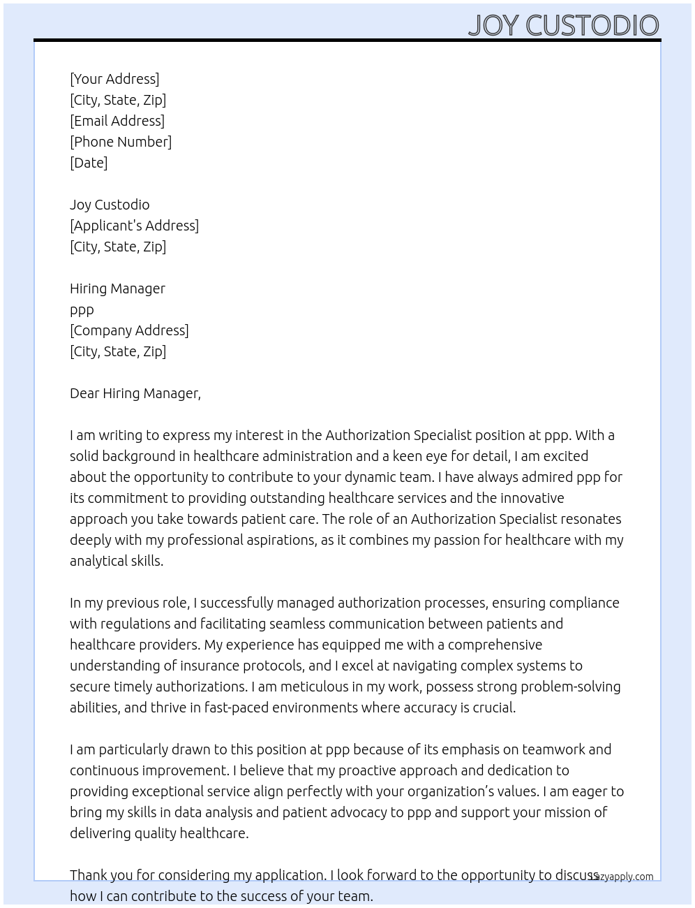 Cover letter for authorization specialist - LazyApply