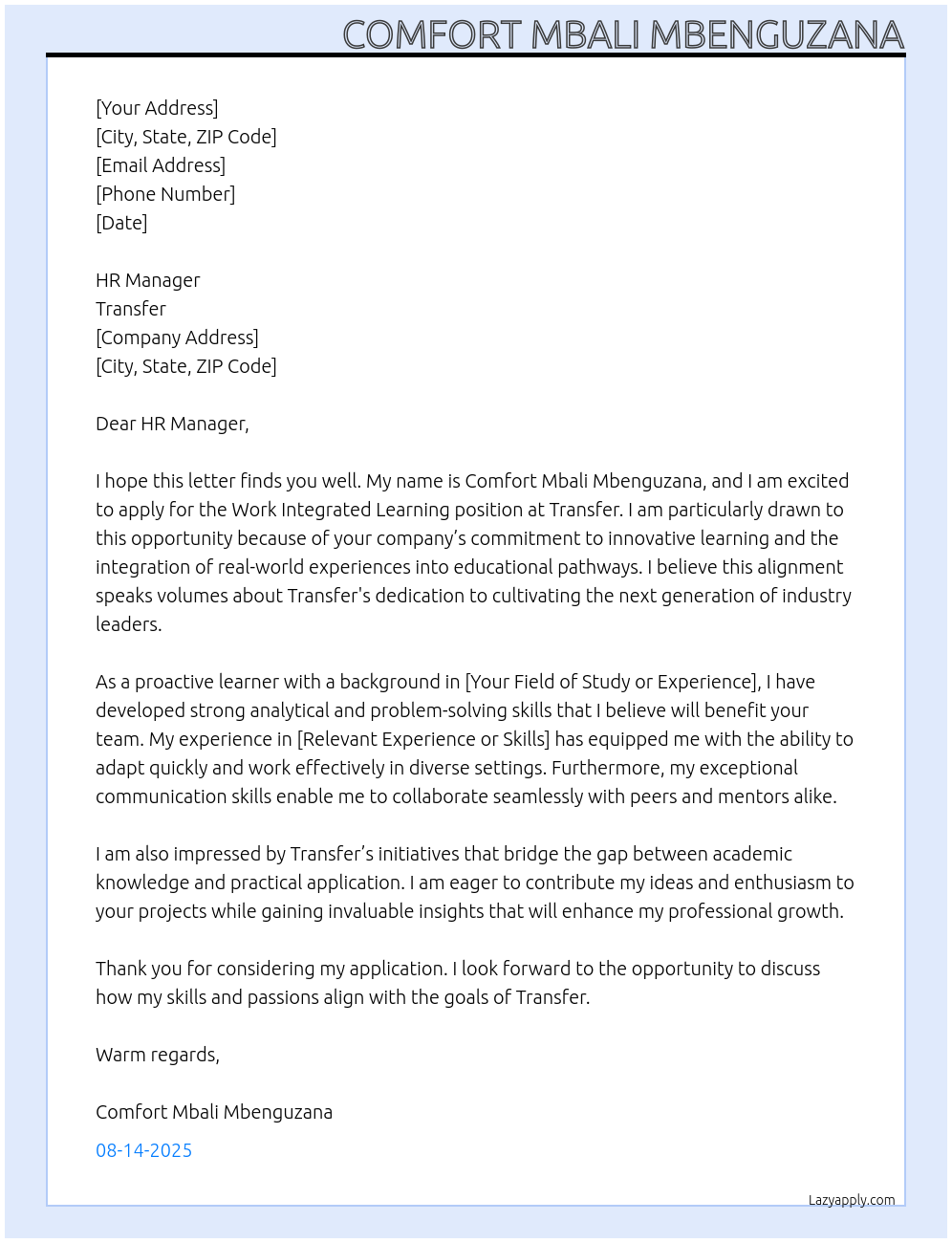 Cover letter for work integrated learning - LazyApply