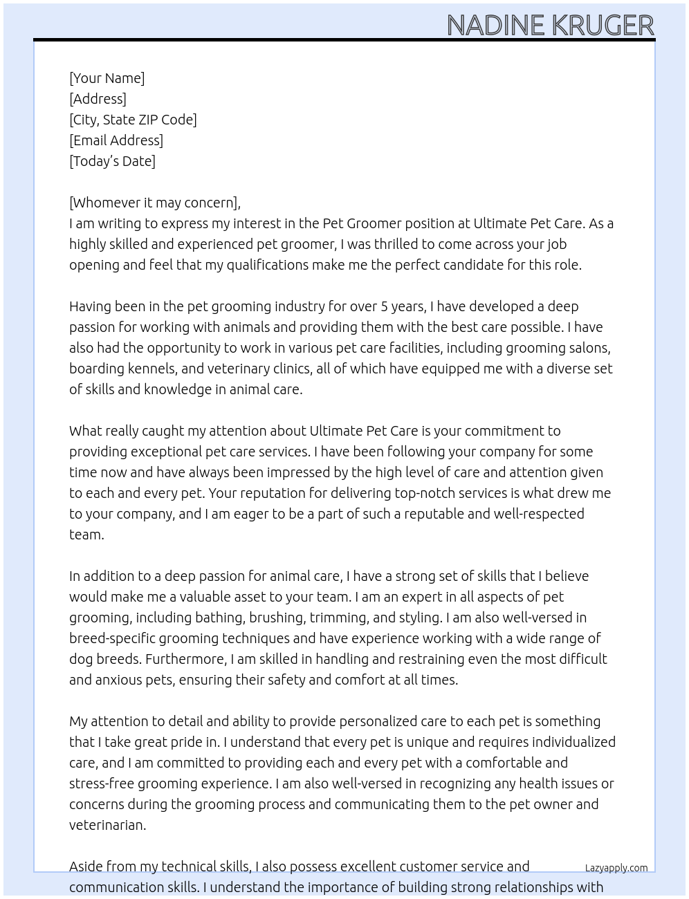 Cover letter for pet groomer - LazyApply