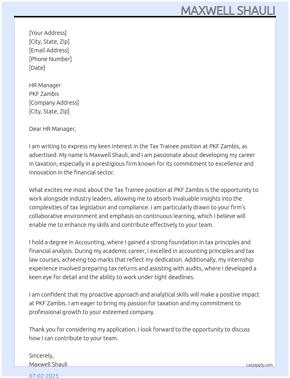 Cover letter for tax trainee - LazyApply