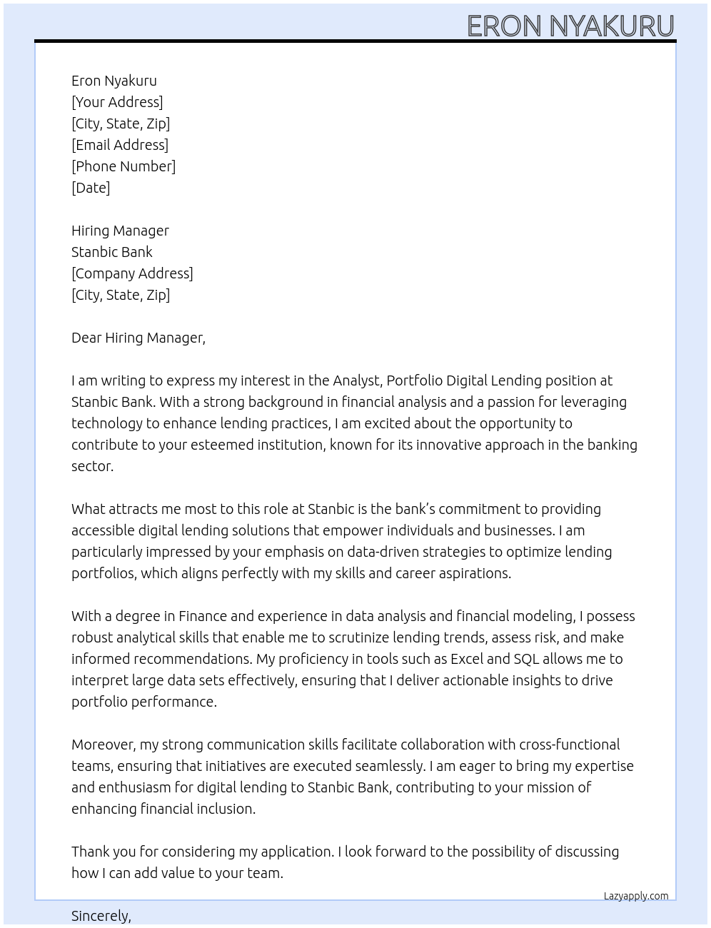 Cover letter for analyst portfolio digital lending - LazyApply