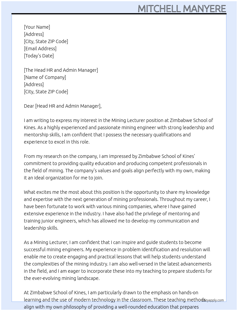 Cover letter for mining lecturer - LazyApply