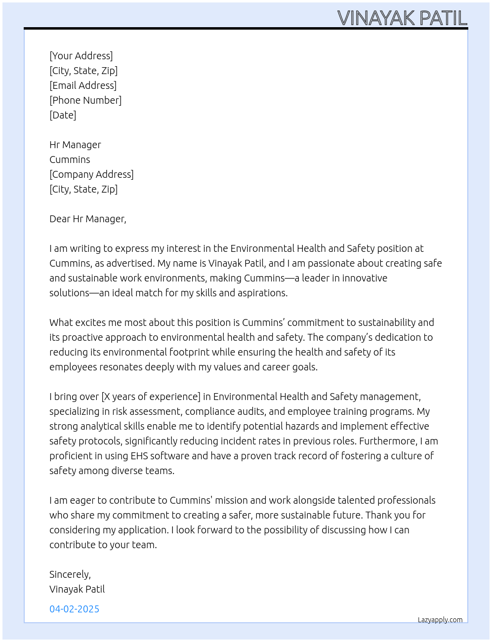 Cover letter for environmental health and safety - LazyApply