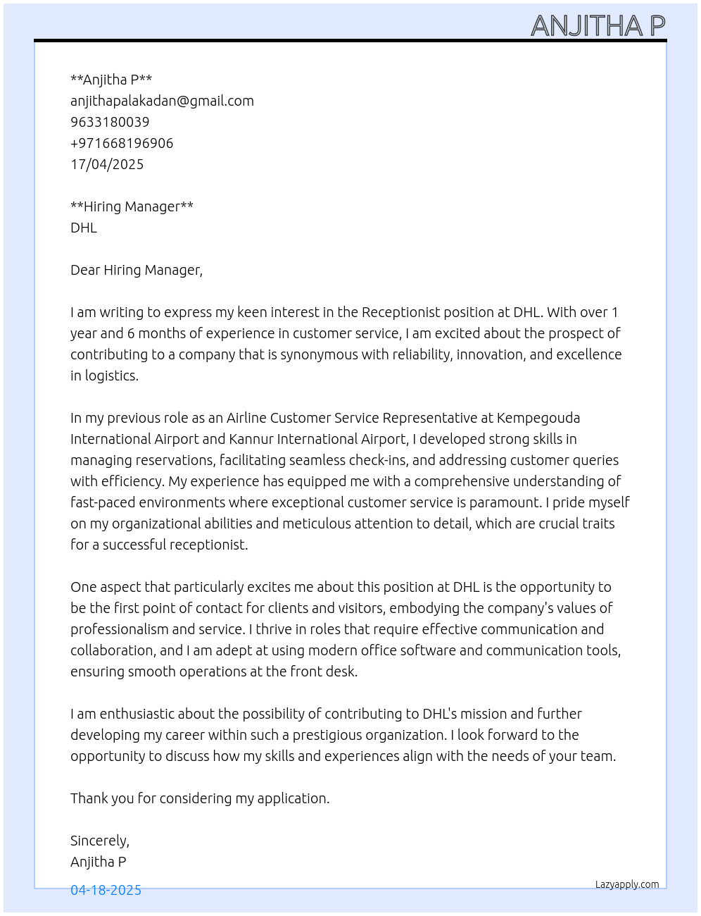 Cover letter for receptionist - LazyApply