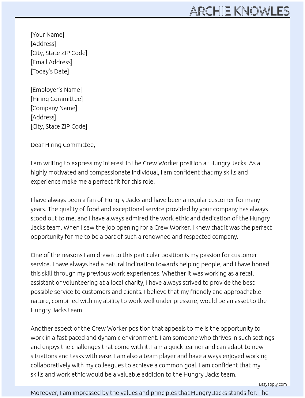 Cover letter for crew worker - LazyApply