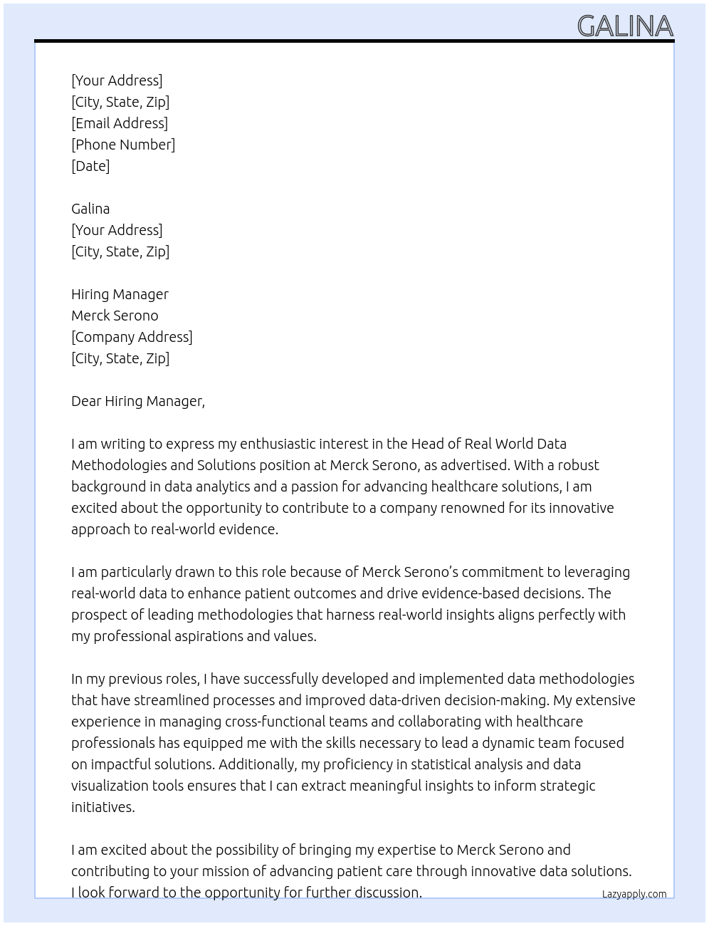 Cover letter for head of real world data methodologies and solutions ...