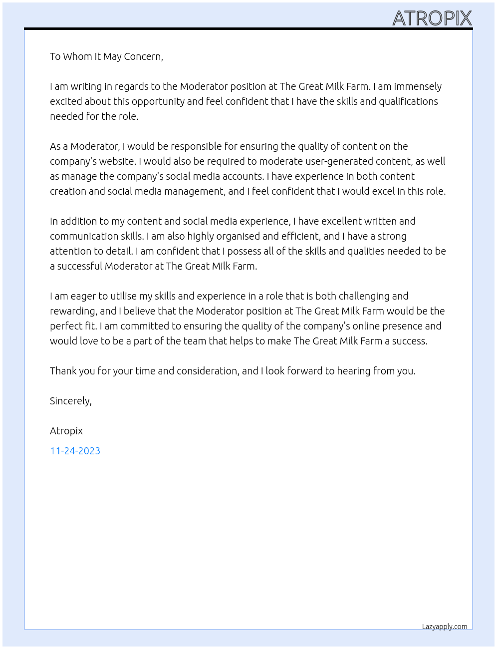 Cover letter for moderator - LazyApply