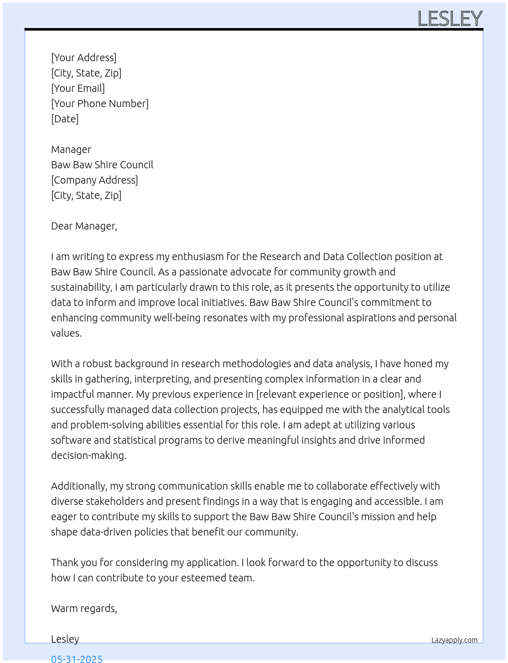 Cover letter for research and data collection - LazyApply