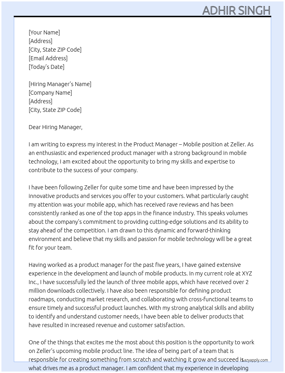 Cover letter for product manager - mobile - LazyApply