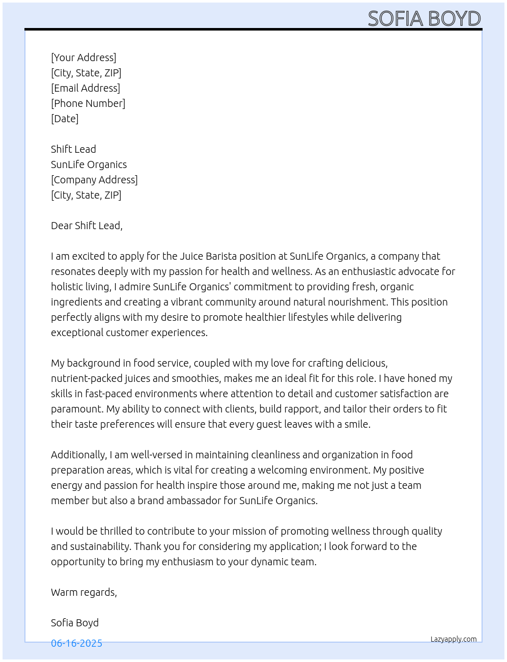Cover letter for juice barista - LazyApply