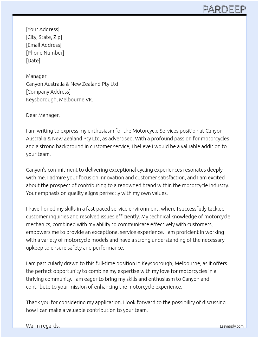 Cover letter for motorcycle services - LazyApply