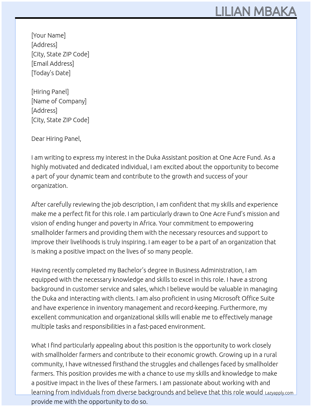 Cover letter for duka assistant - LazyApply