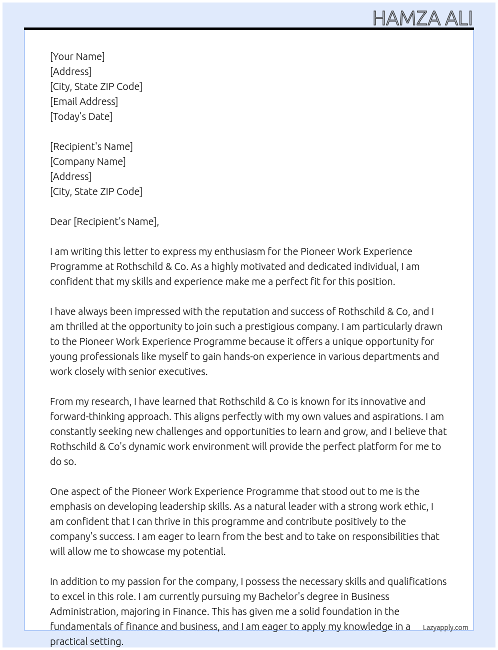 Cover letter for pioneer work experience programme - LazyApply