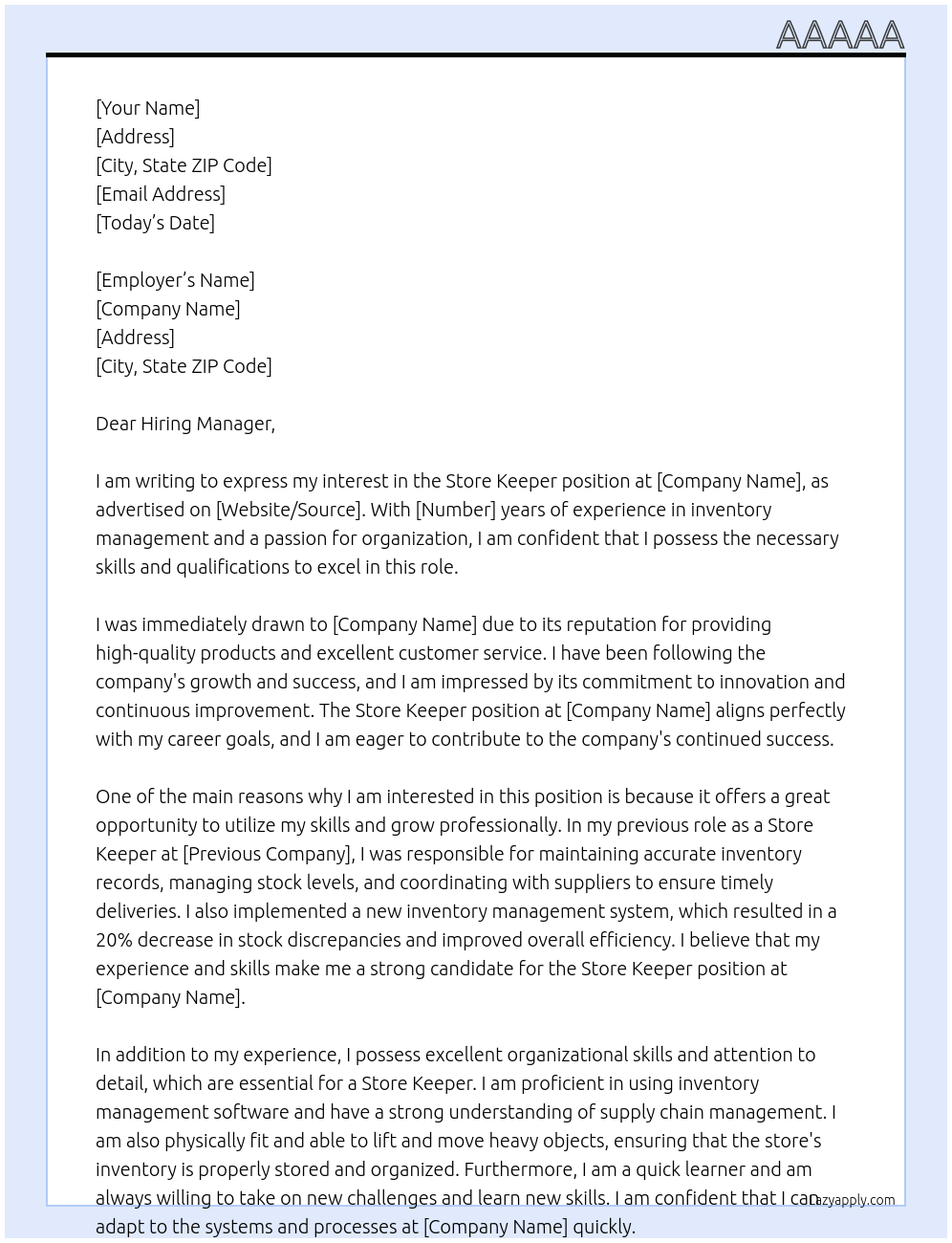Cover letter for store keeper - LazyApply