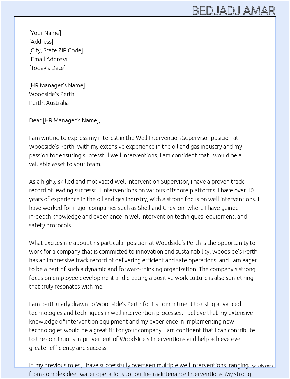 Cover letter for well intervention supervisor - LazyApply