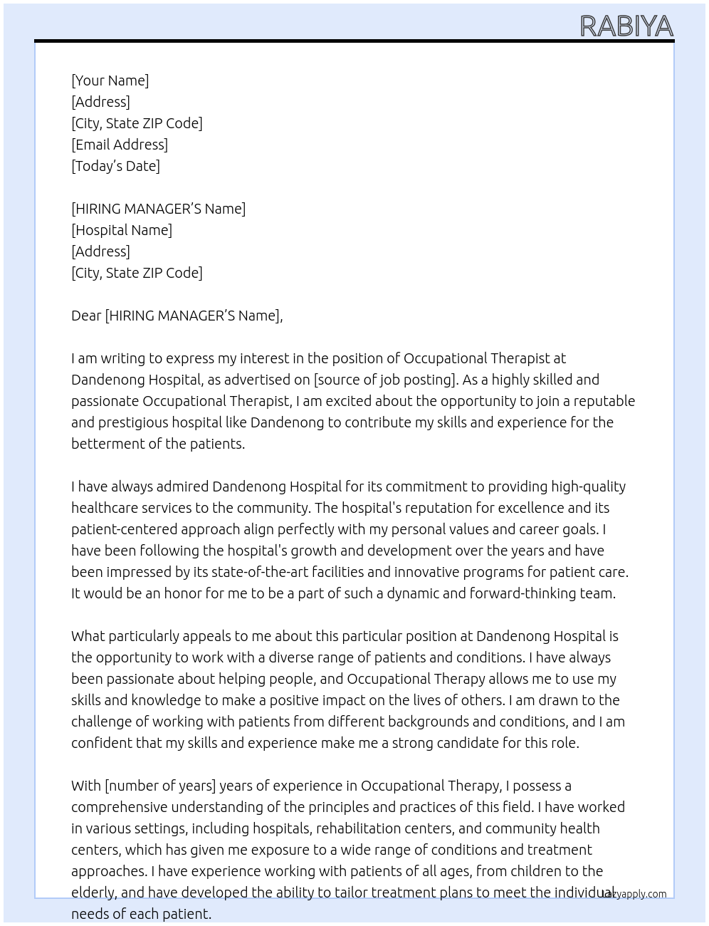 Cover letter for occupational therapist - LazyApply