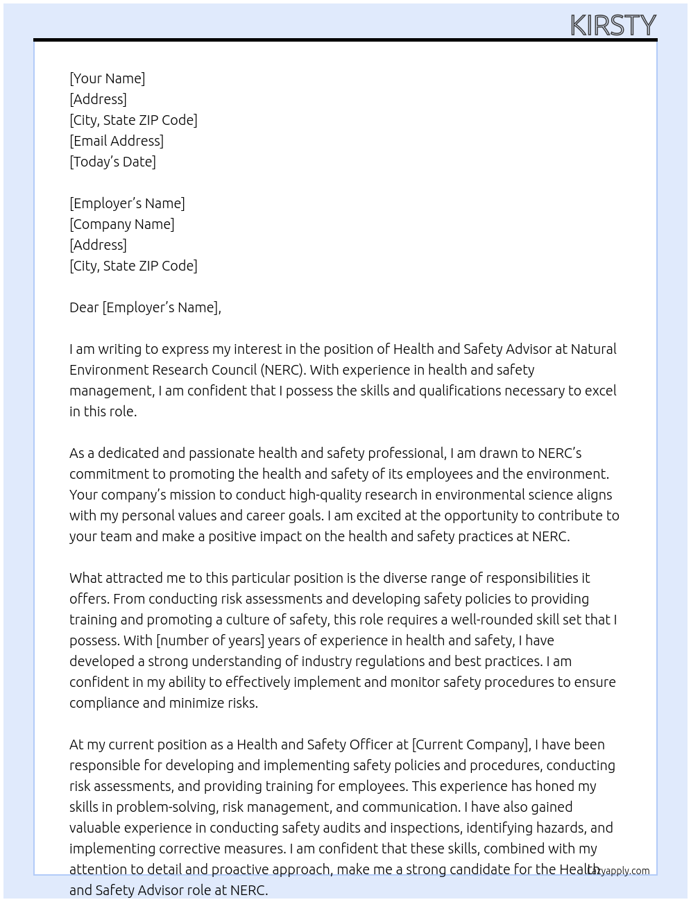 Cover letter for health and safety advisor - LazyApply