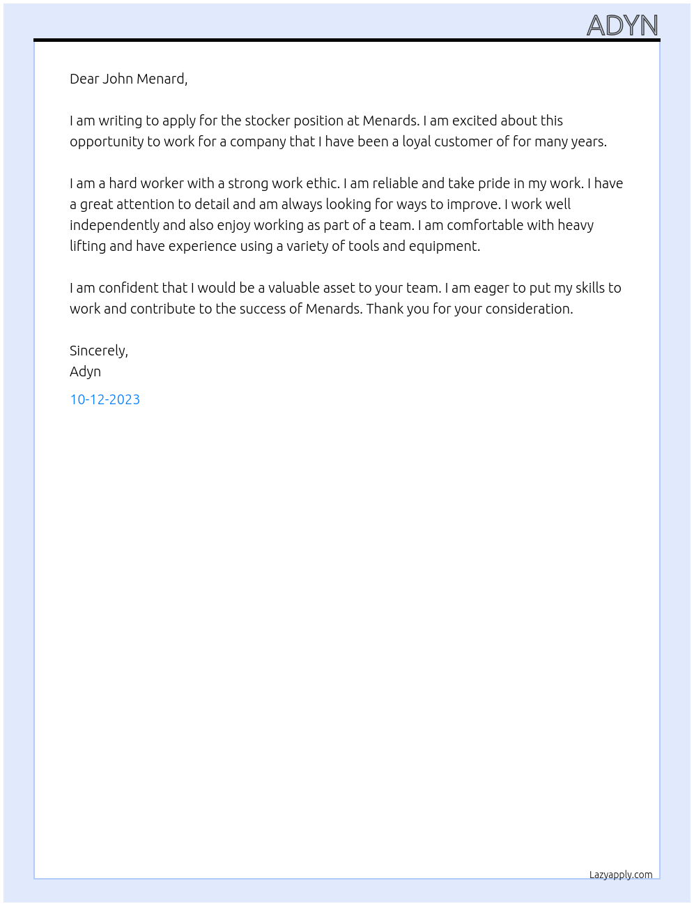 Cover letter for stocker - LazyApply