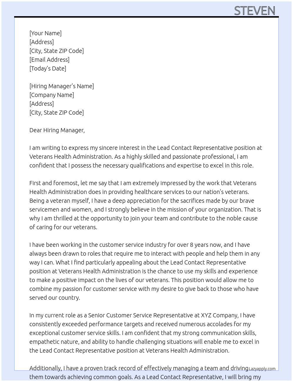 Cover letter for lead contact representative - LazyApply