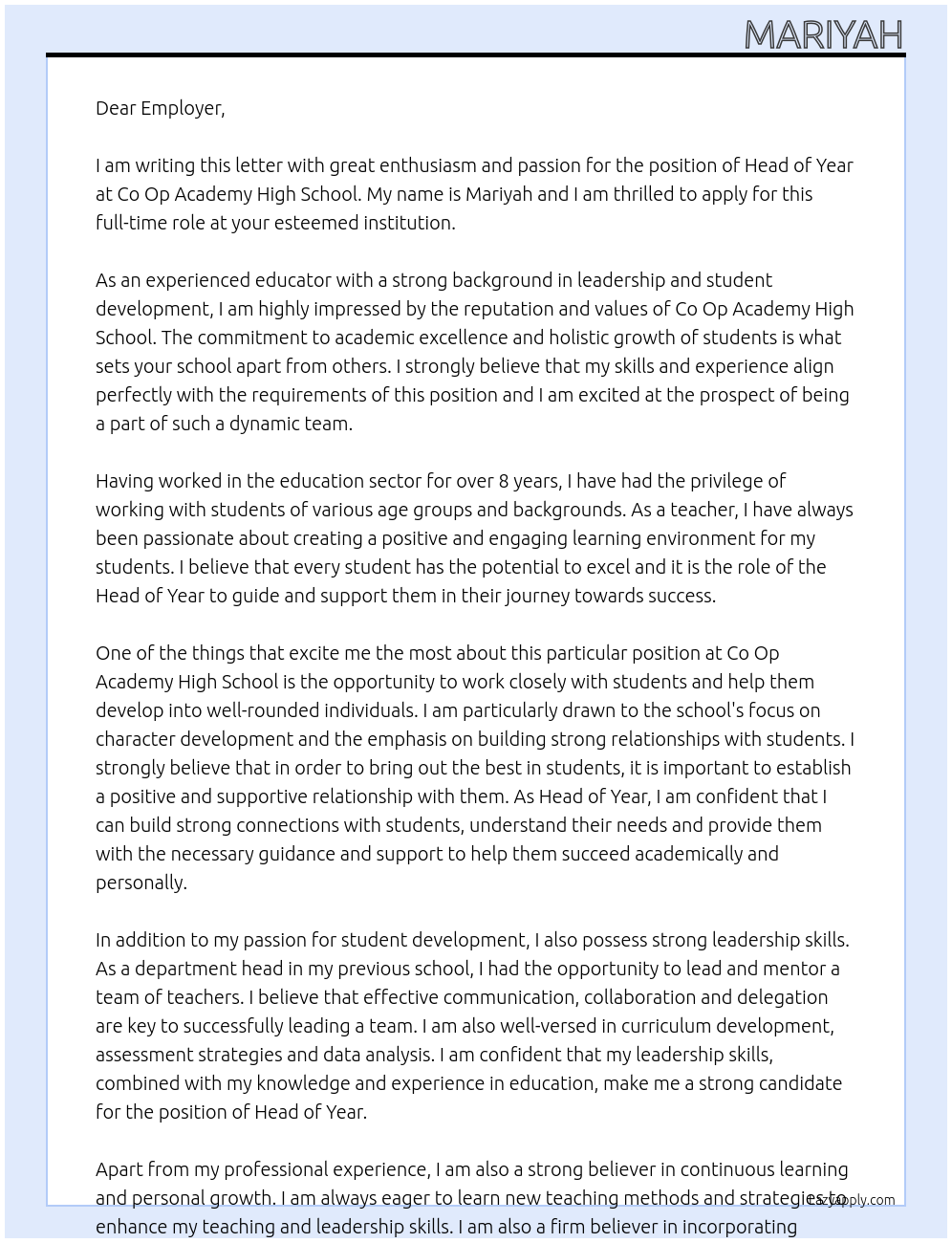 Cover letter for head of year - LazyApply