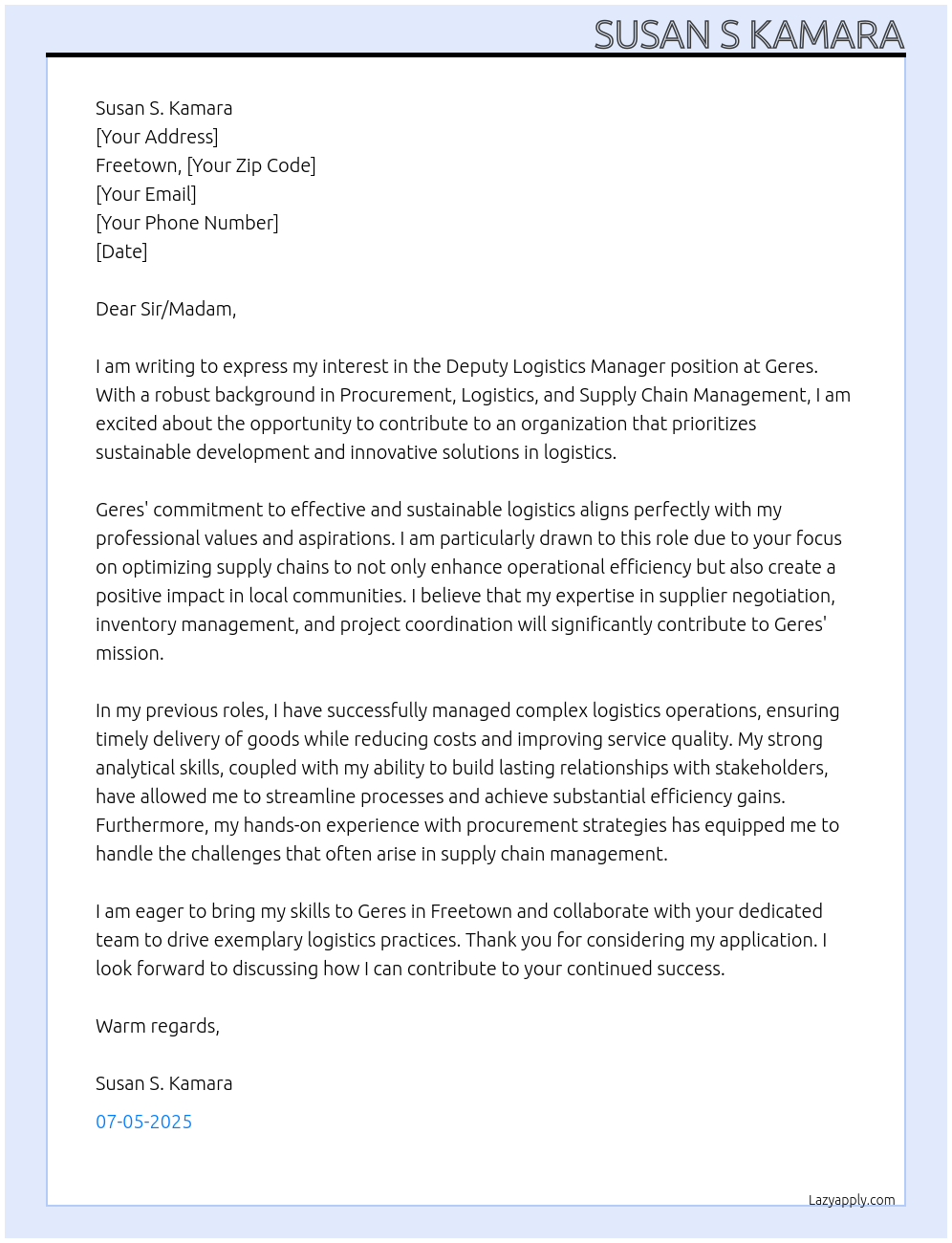 Cover letter for deputy logistics manager - LazyApply