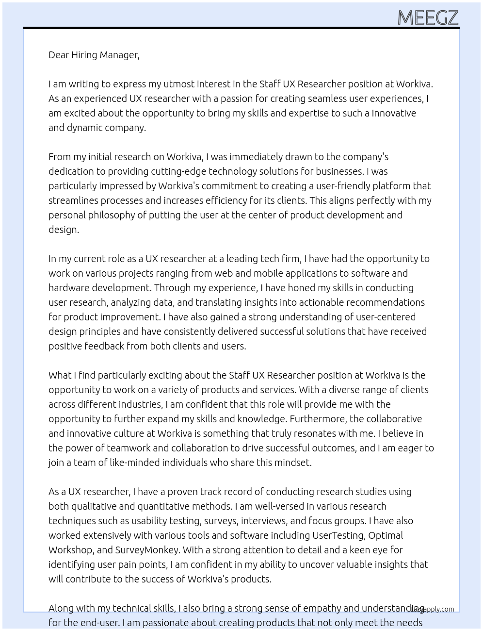 Cover letter for staff ux researcher - LazyApply