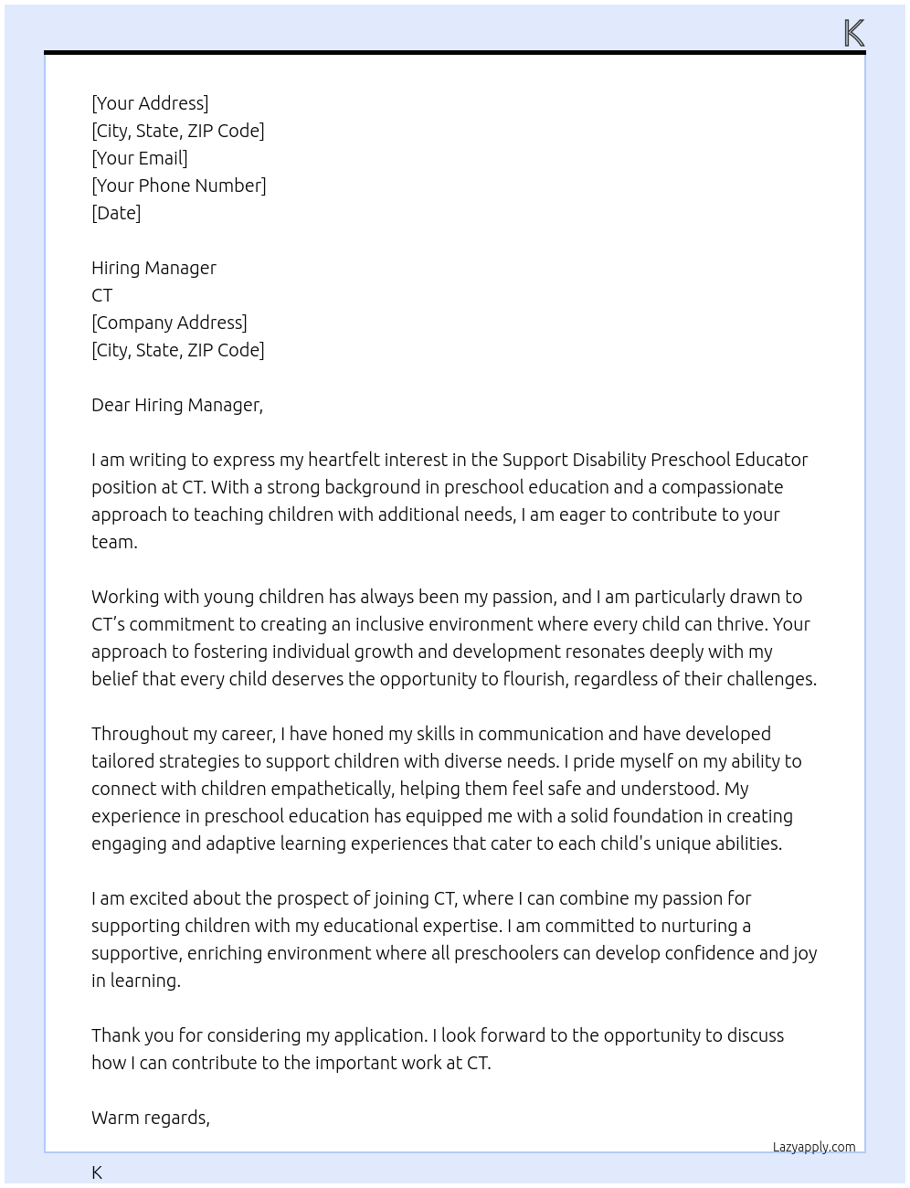 Cover letter for support disability preschool educator - LazyApply