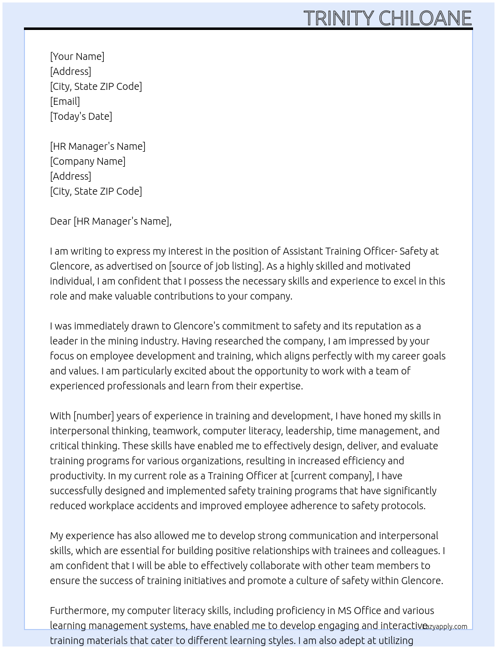 Cover letter for assistan training officer- safety - LazyApply