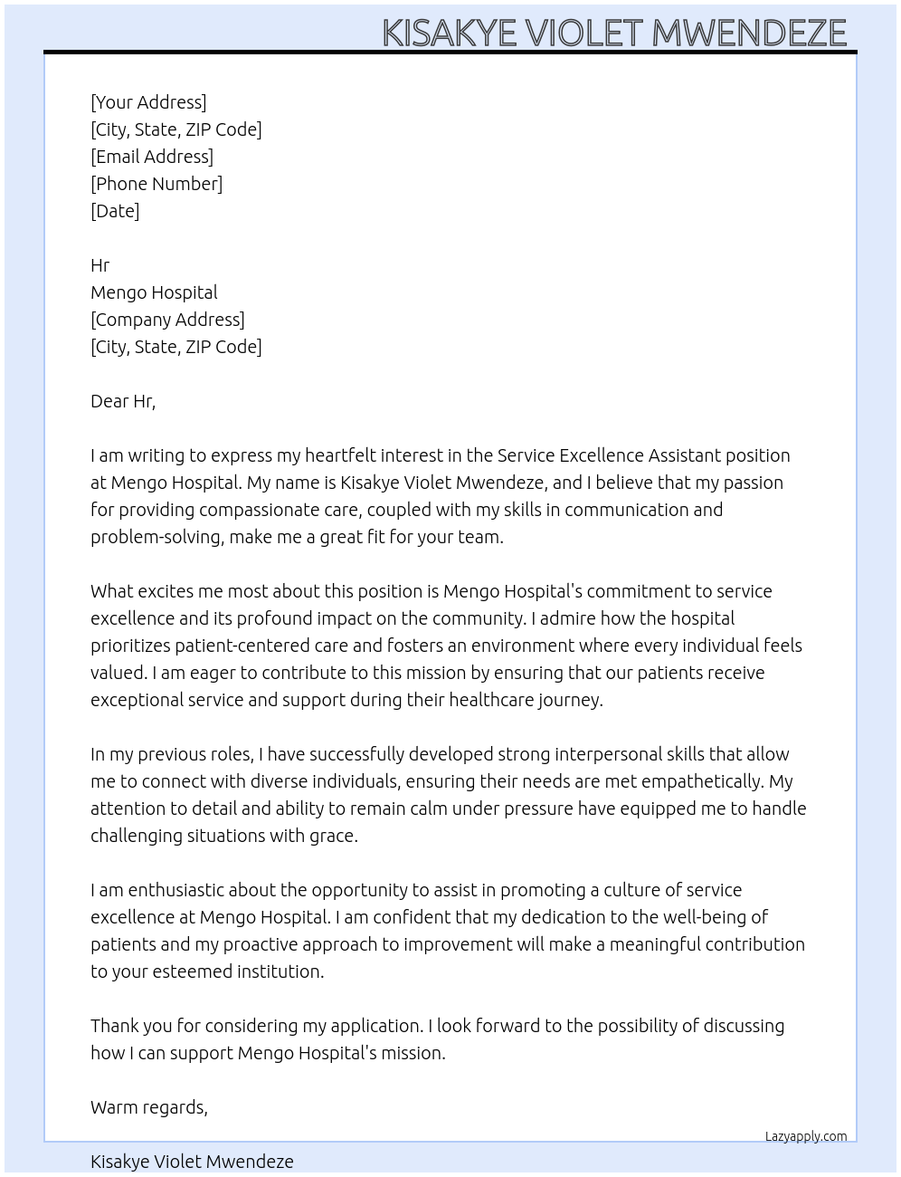 Cover letter for service excellence assistant - LazyApply