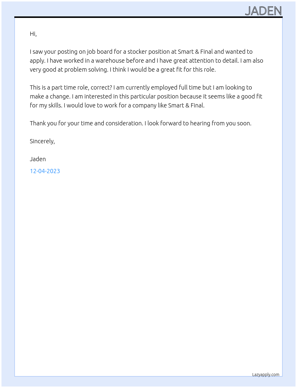 Cover letter for stocker - LazyApply