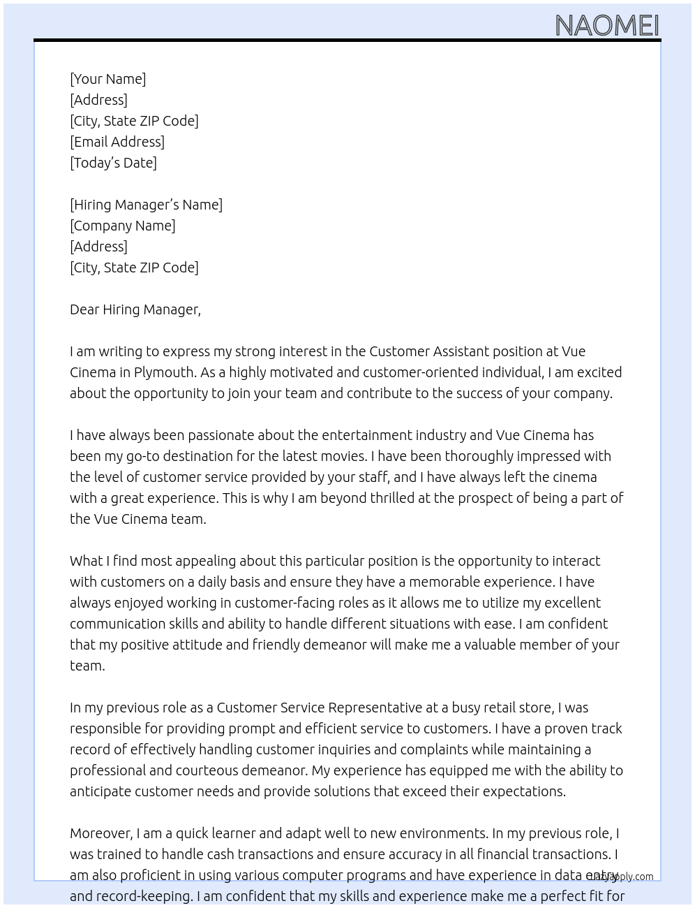 Cover letter for customer assistant - LazyApply