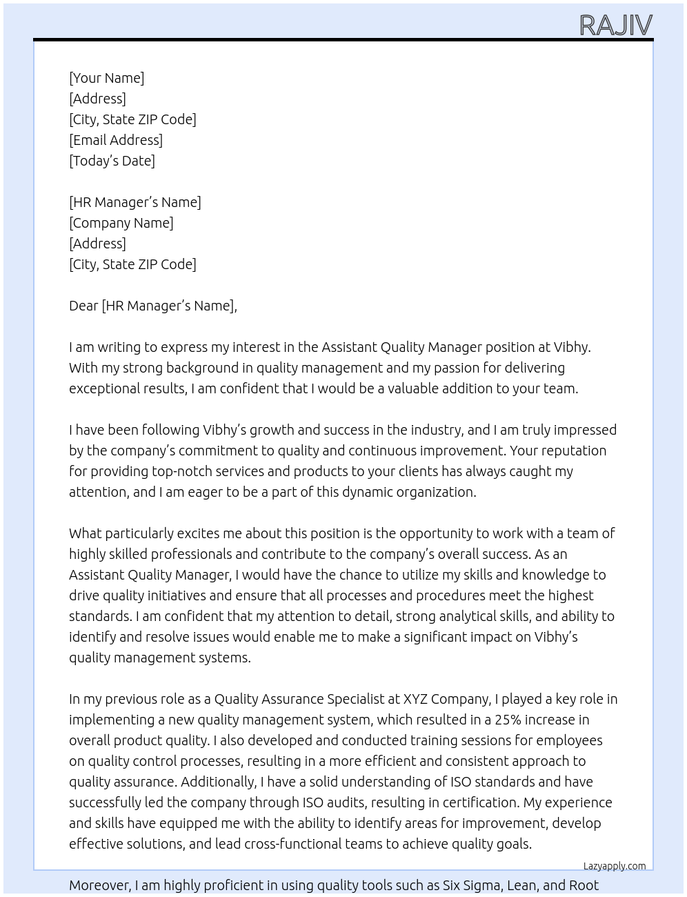 Cover letter for assistant quality manager - LazyApply