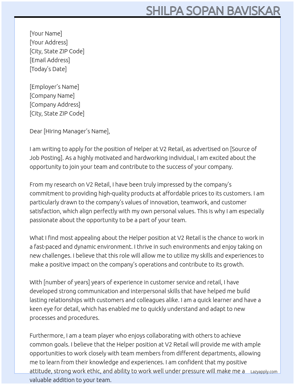 Cover letter for helper - LazyApply