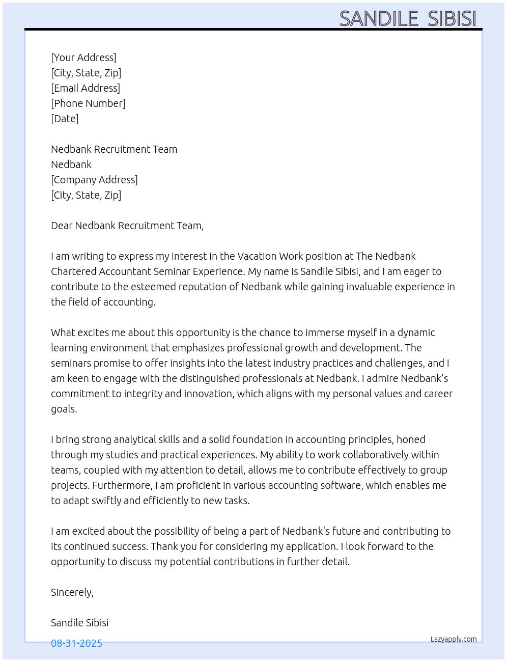 Cover letter for vacation work at the nedbank chartered accountant ...