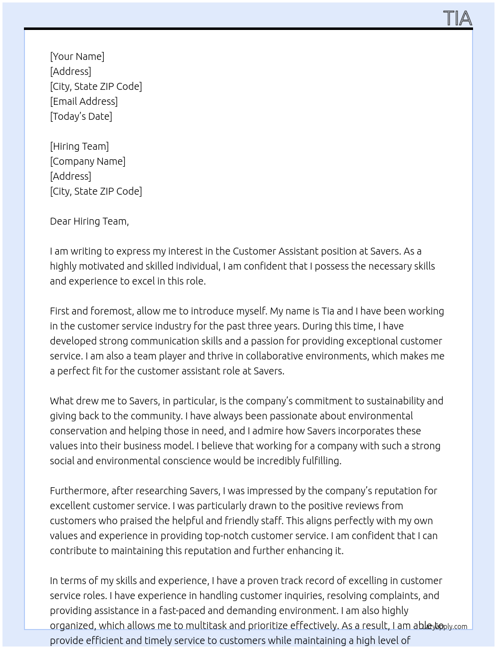 Cover letter for customer assistant - LazyApply
