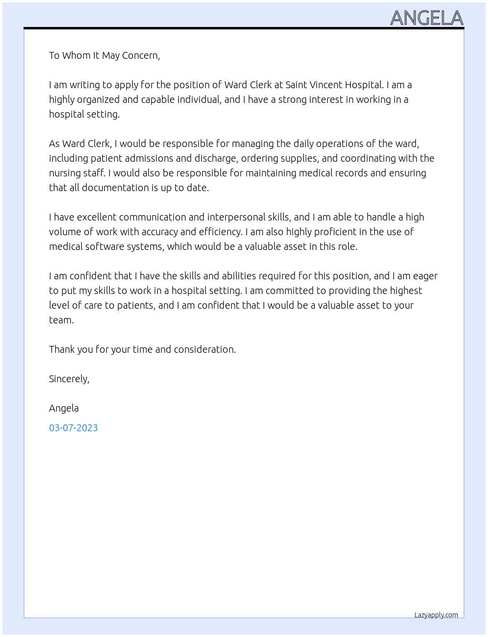 Cover letter for ward clerk - LazyApply