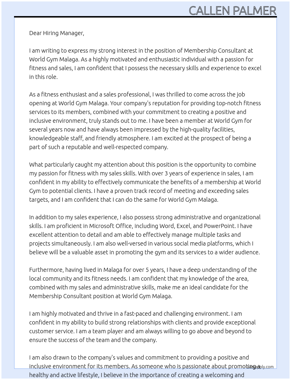 Cover letter for membership consultant - LazyApply