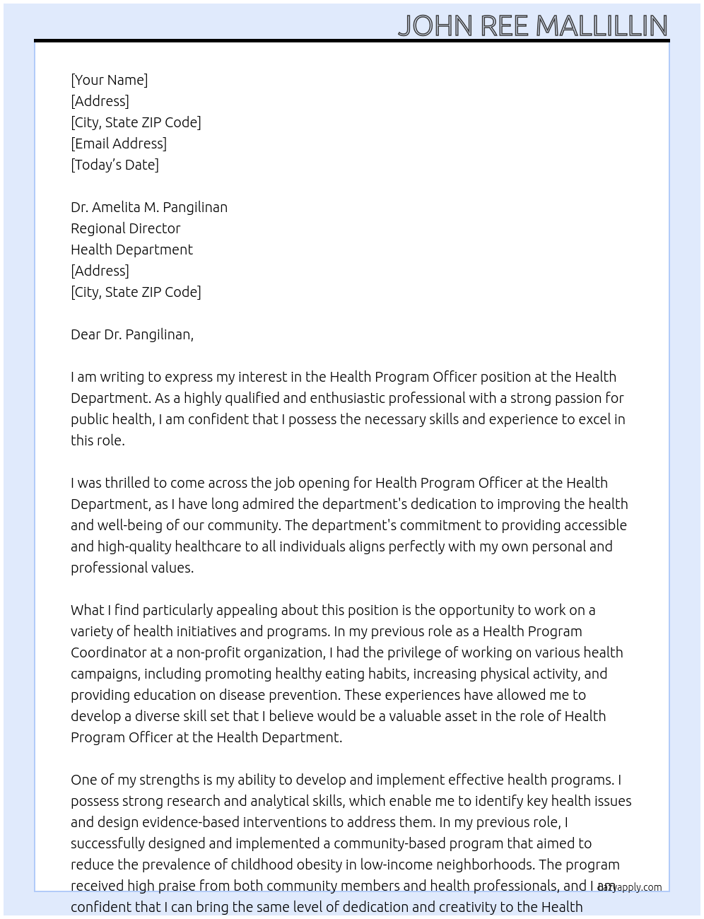 Cover letter for health program officer - LazyApply