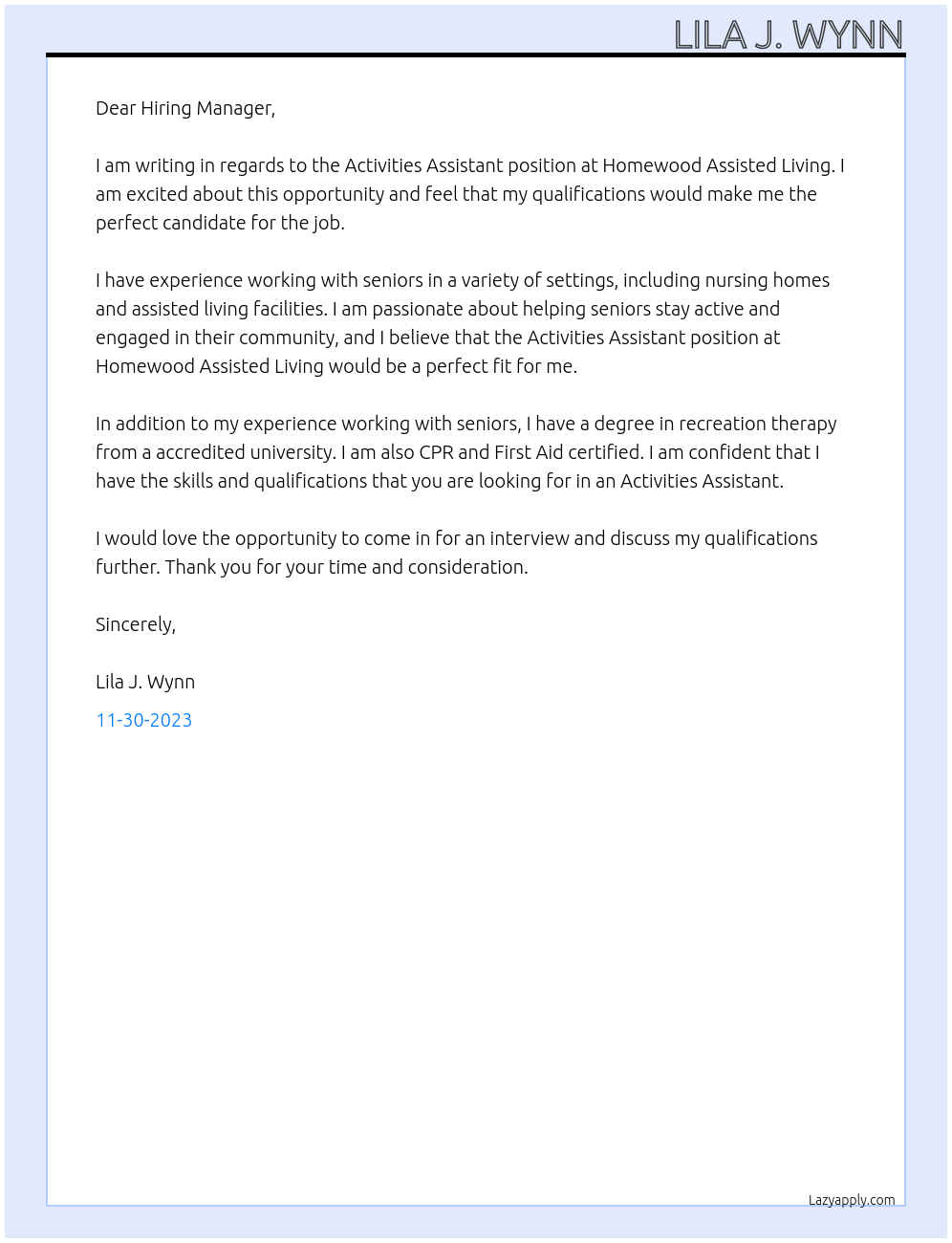 Cover letter for activities assistant - LazyApply