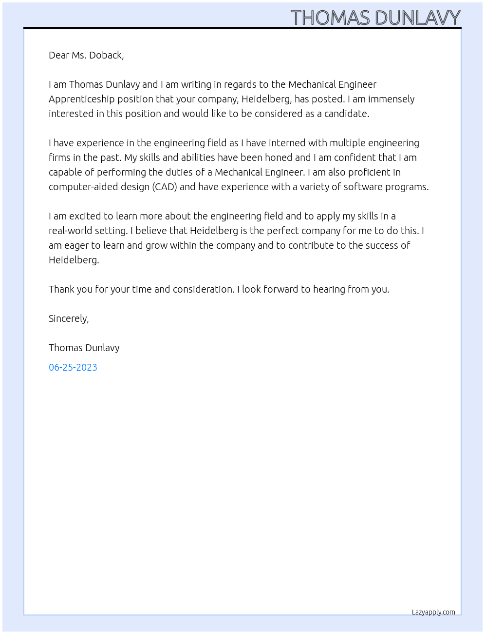 Cover letter for mechanical engineer apprenticeship - LazyApply