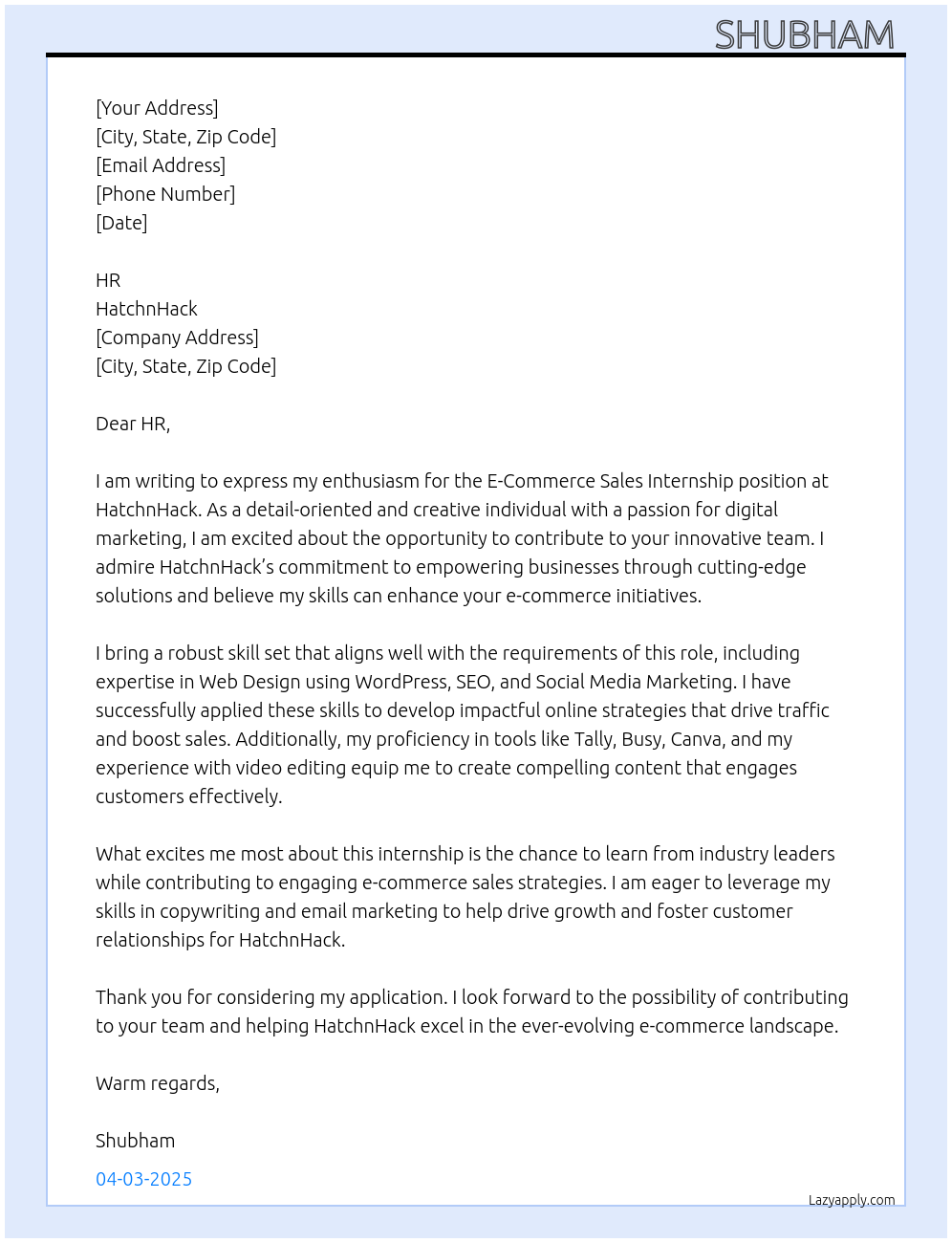Cover letter for e-commerce sales internship - LazyApply