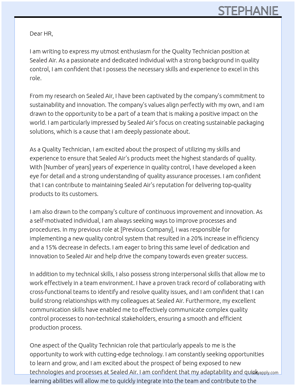 Cover letter for quality technician - LazyApply